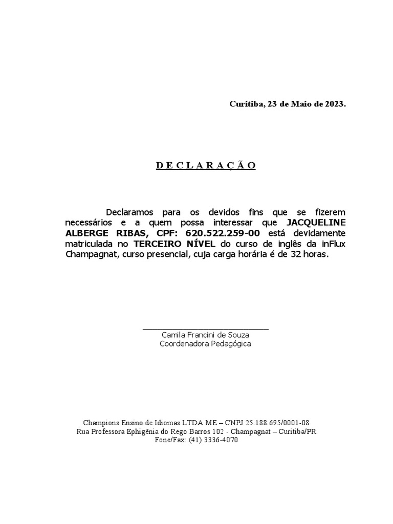 Declaração Jacqueline | PDF