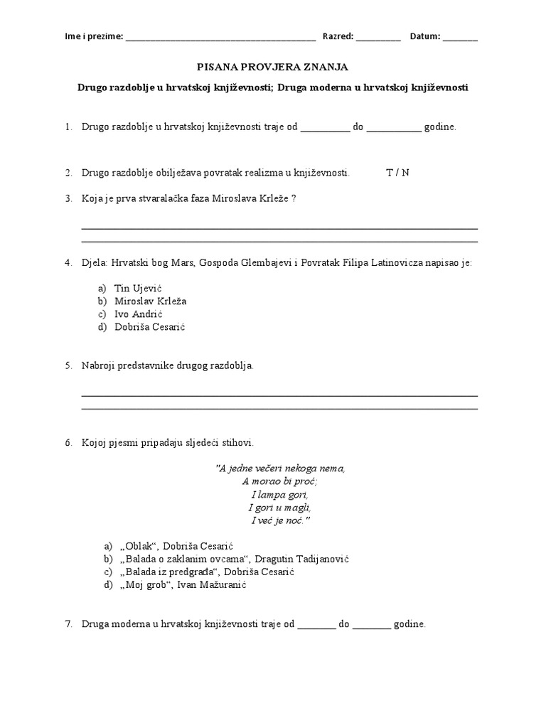 Pisana Provjera - Književnost (Drugo Razdoblje U Hrvatskoj Književnosti ...