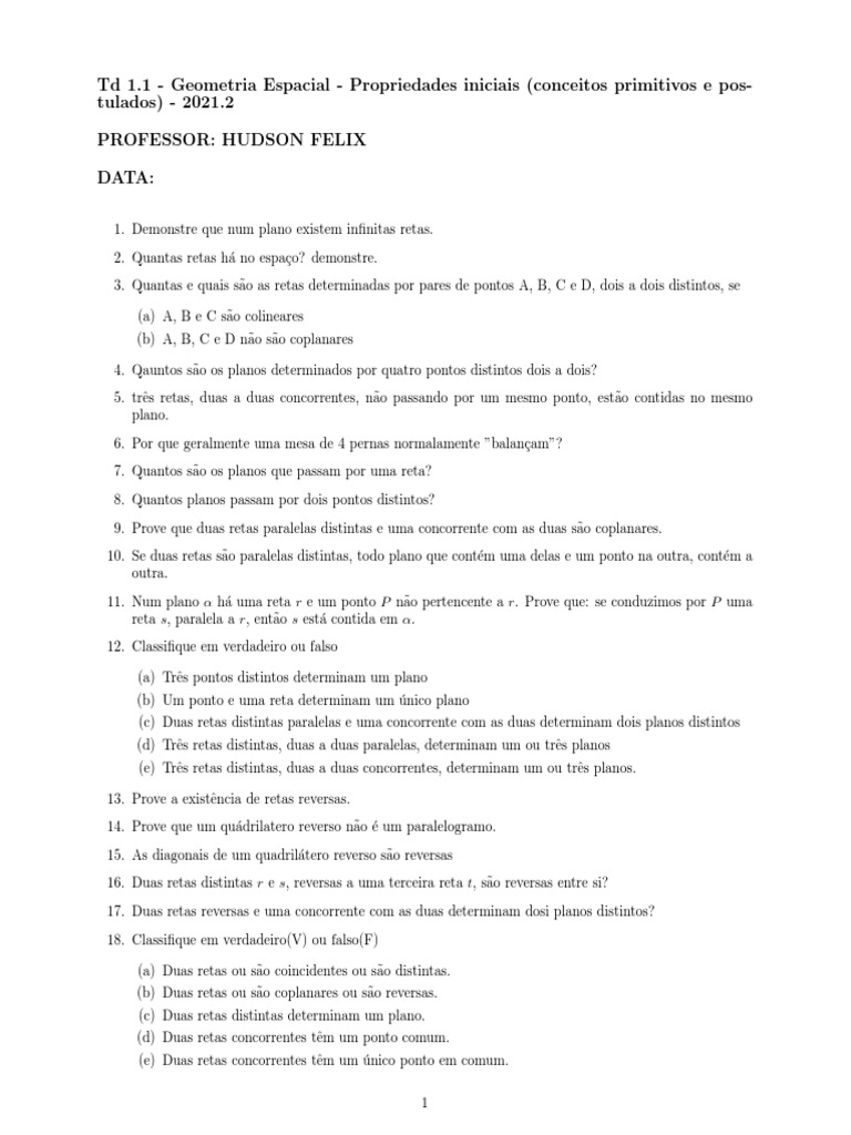 TD 1.1 - Geometria Espacial - Propriedades Iniciais (Conceitos Primitivos e Postulados) - 2021.2 ...