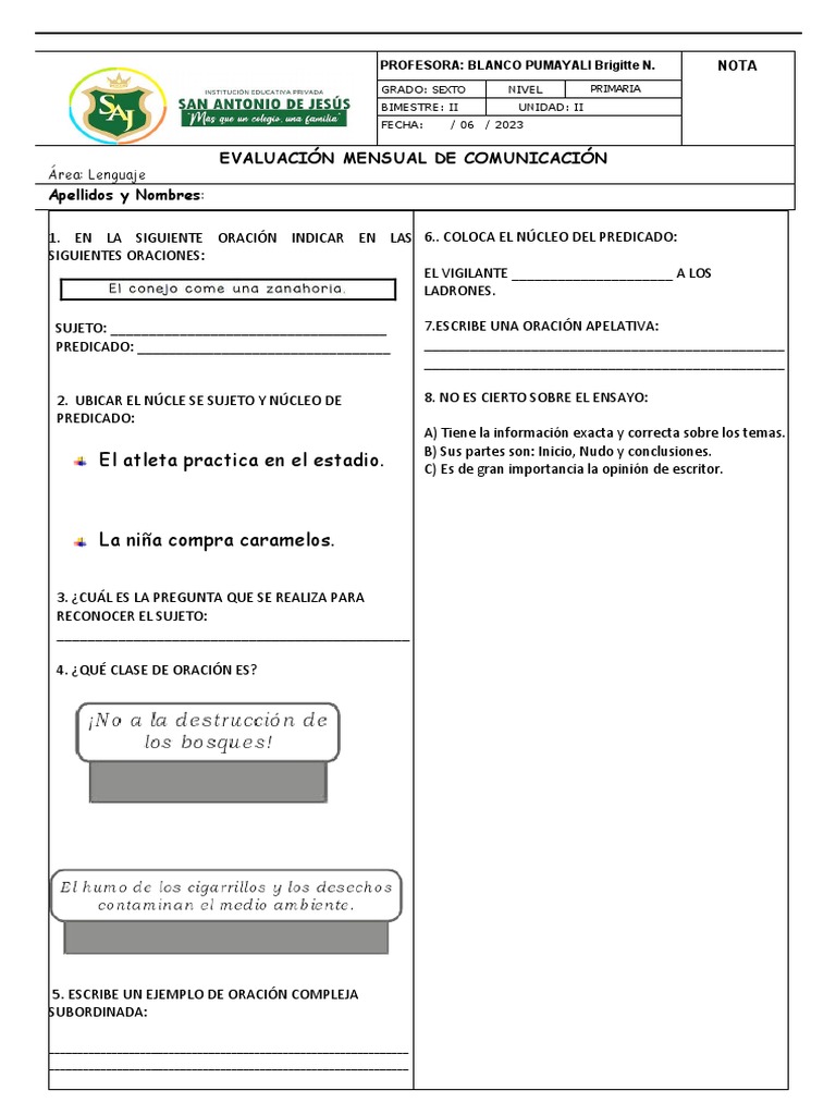 EXAMEN MENSUAL DE COMUNICACIÓN - SEXTO GRADO | PDF