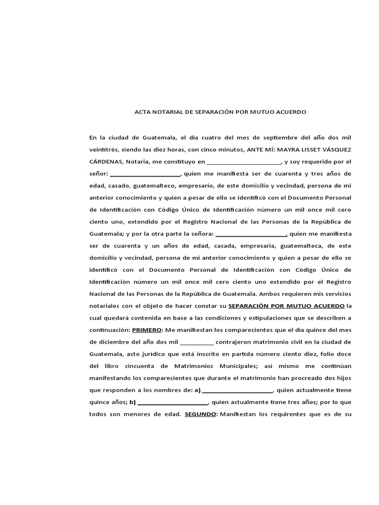 ACTA NOTARIAL DE SEPARACIÓN POR MUTUO ACUERDO | PDF