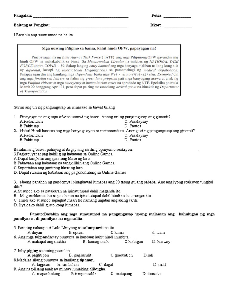 4th Periodical Test Fil 2023 | PDF