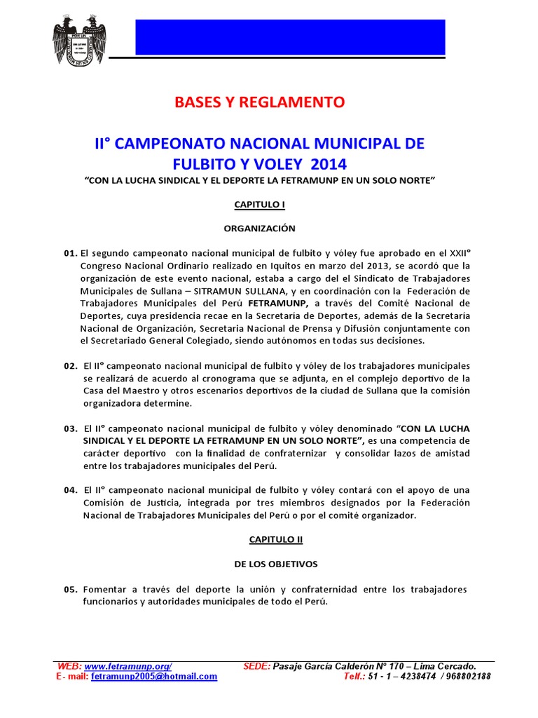 Bases y Reglamento Del II Campeonato FETRAMUNP | PDF