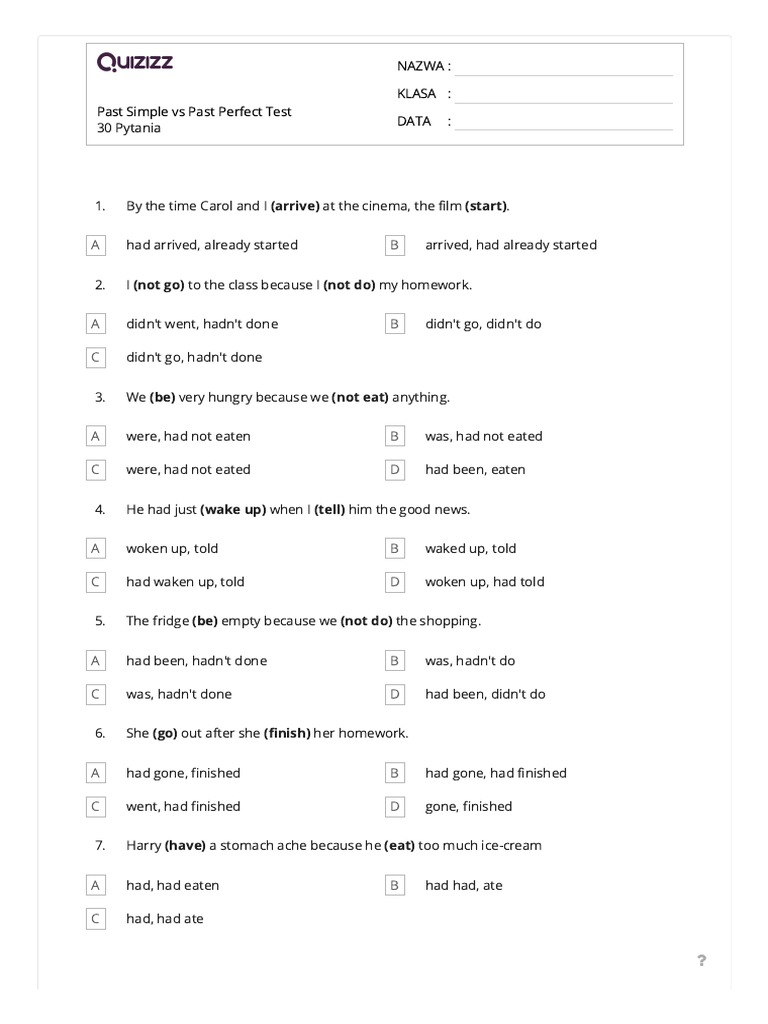 Past Simple Vs Past Perfect Test | PDF