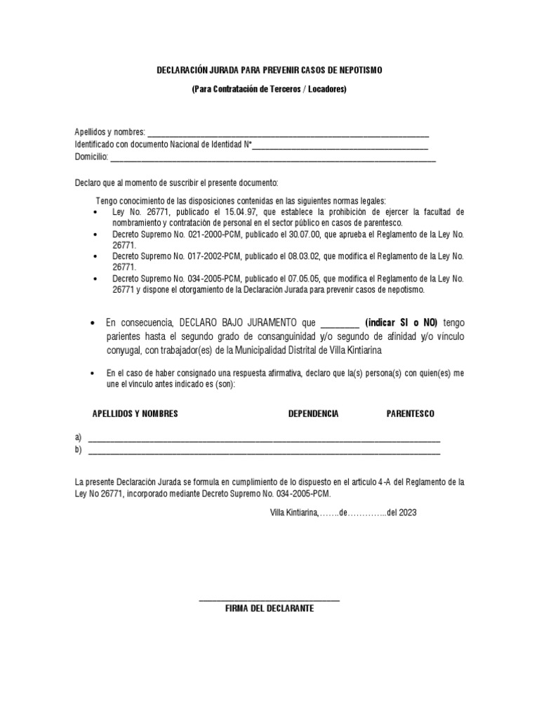 3-Declaración Jurada para Prevenir Casos de Nepotismo | PDF