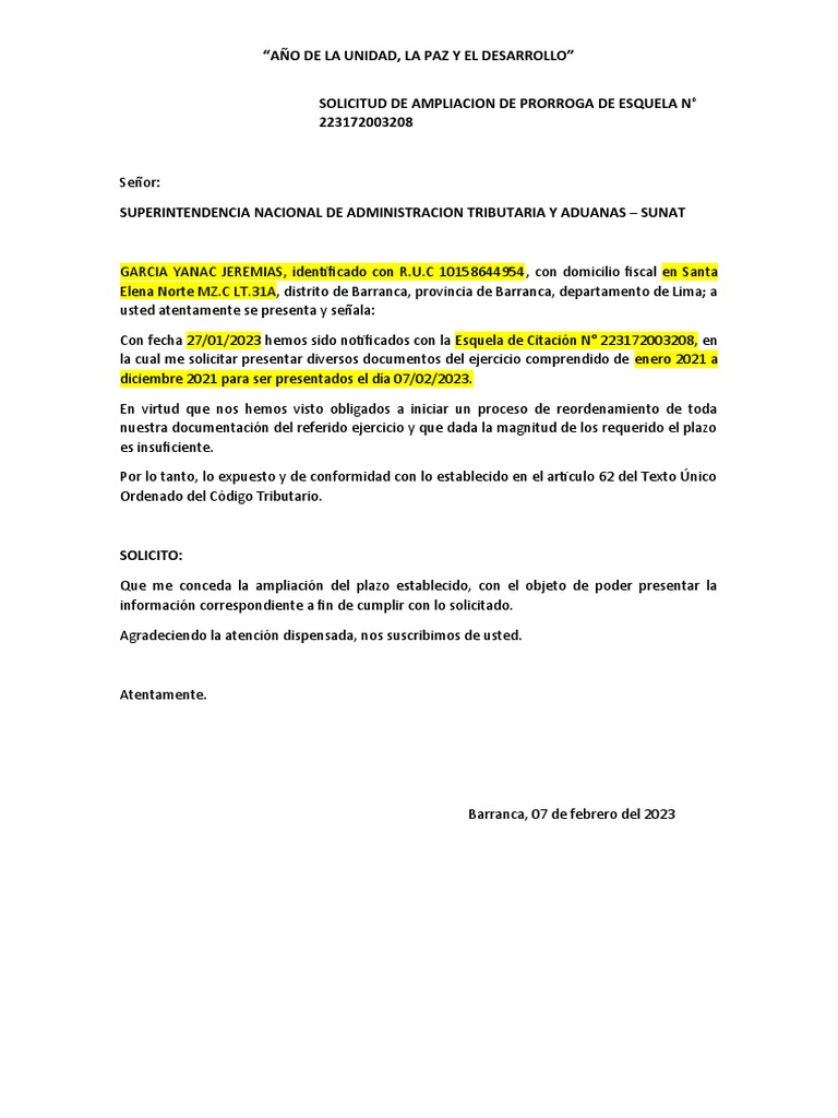 Solicitud de Ampliacion de Prorroga | PDF