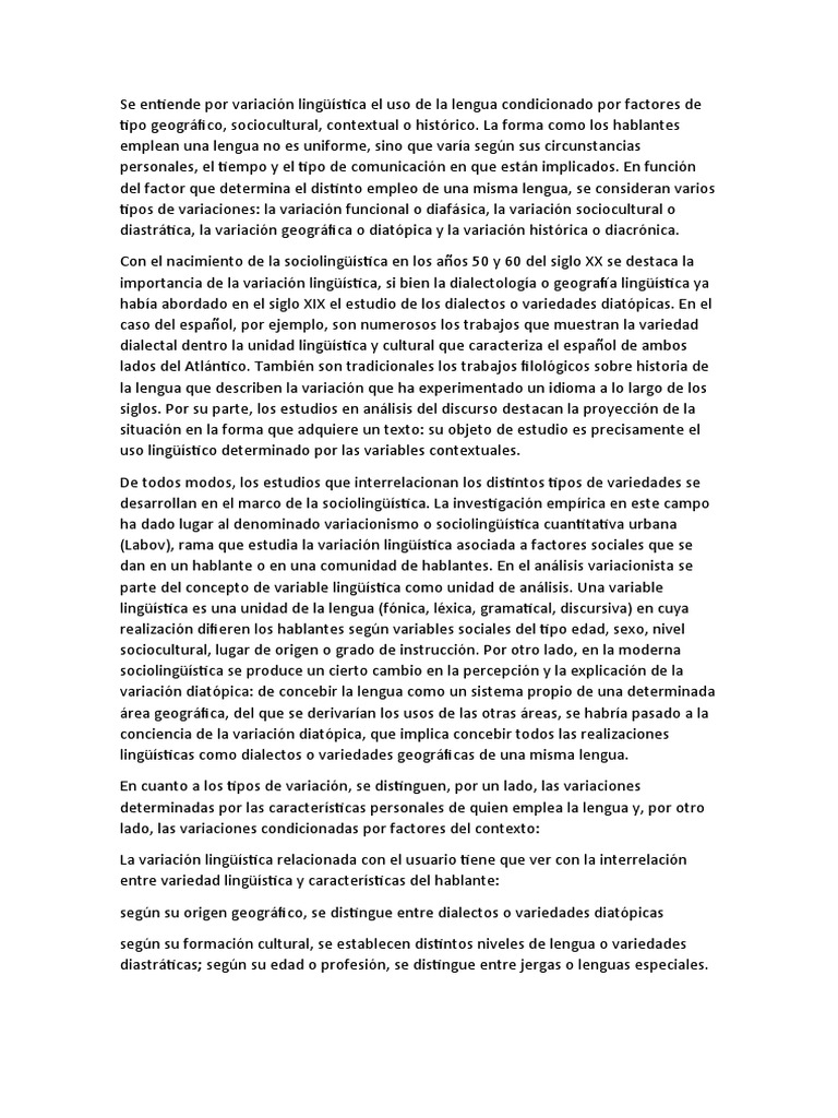 Se Entiende Por Variación Lingüística El Uso de La Lengua Condicionado ... Se Entiende Por Variación Lingüística El Uso de La Lengua Condicionado ...