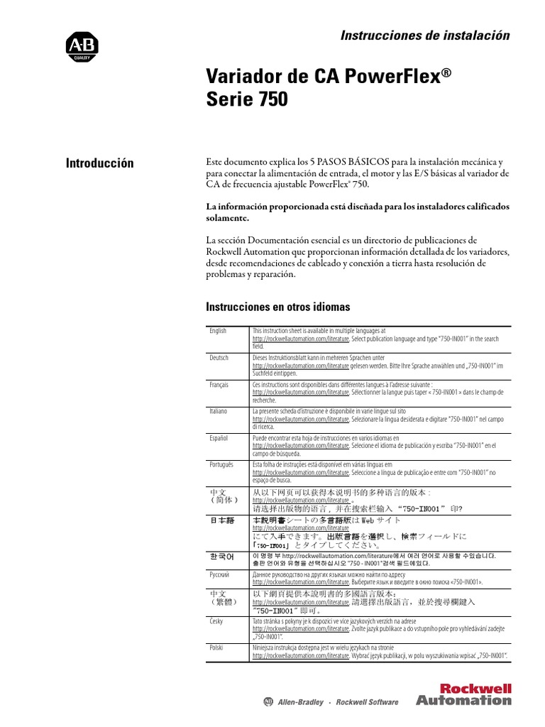 Variador de Ca Powerflex Serie 750: Introducción | PDF | Descarga ...