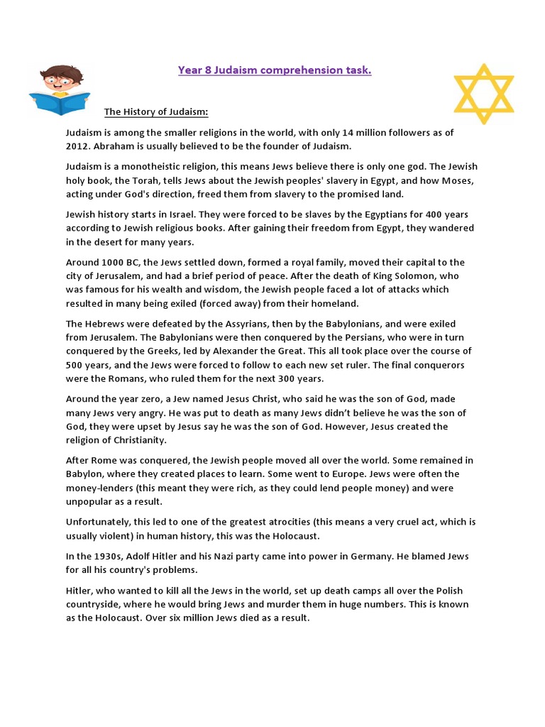 Year 8 Judaism Reading Comprehension and Questions | PDF | Jews ...