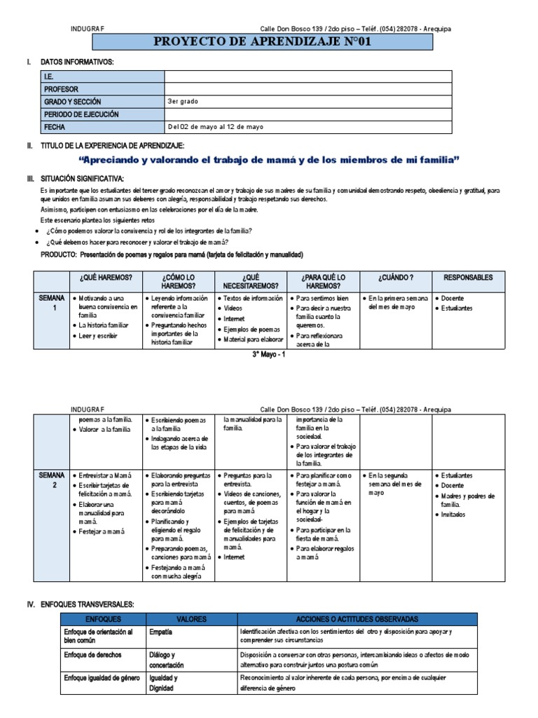 3° Grado - Proyecto de Aprendizaje N°01 | PDF