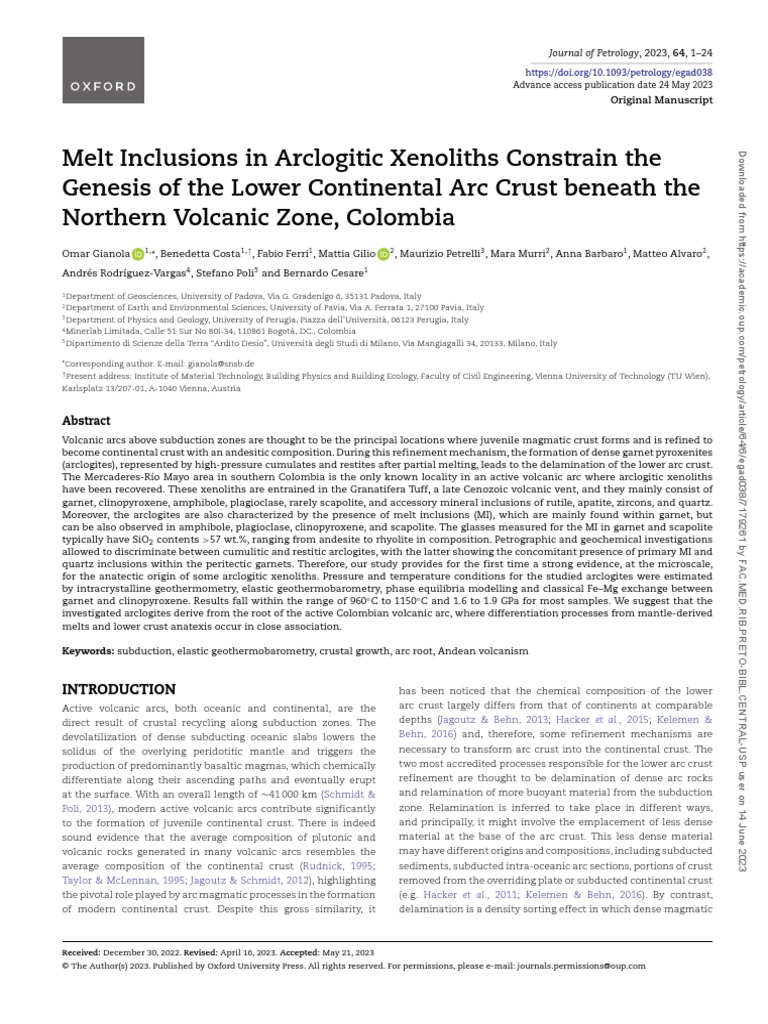 Gianola Et Al. - 2023 - Melt Inclusions in Arclogitic Xenoliths ...