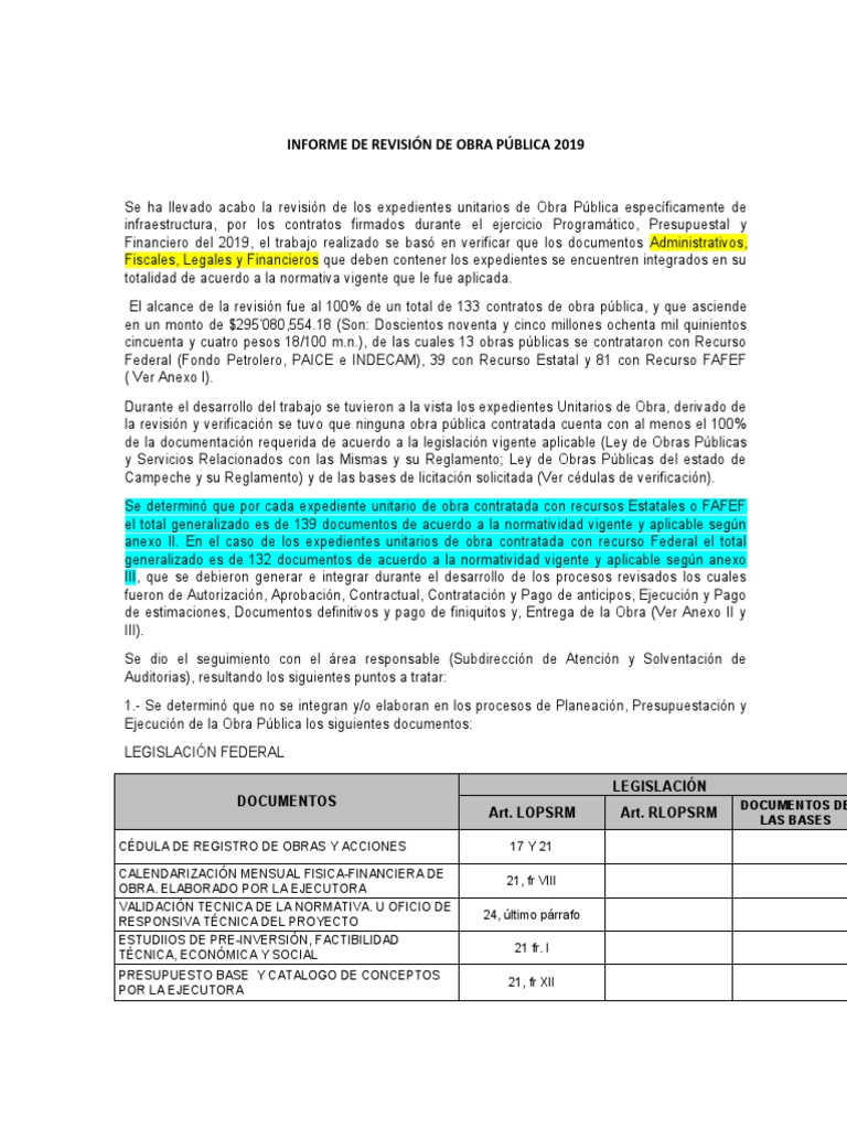 Informe de Revisión de Obra Pública 2019 | PDF | Presupuesto | Business