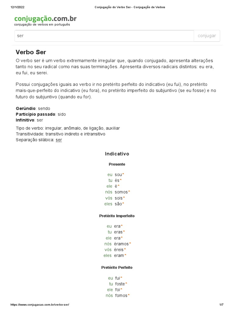 Conjugação Do Verbo Ser Conjugação De Verbos Pdf