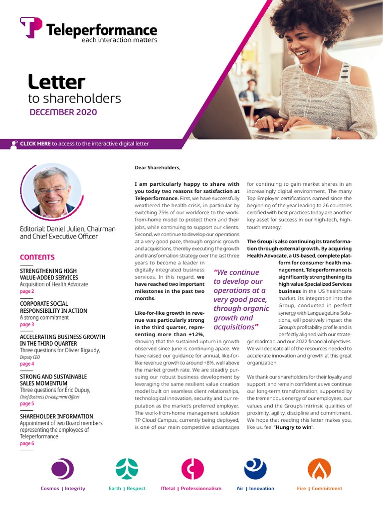 Teleperformance Letter To Shareholders December 2020 1 | PDF