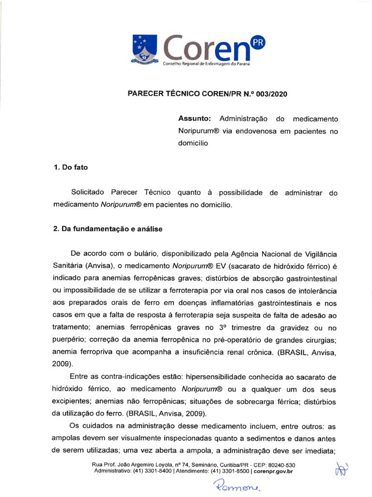 Parecer Técnico Coren-PR 003-2020 - Administração Do Medicamento ...