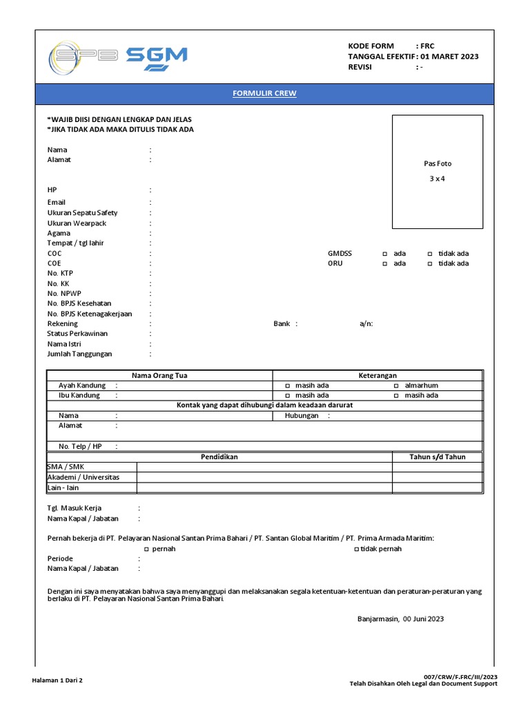 Formulir Crew (FRC) | PDF