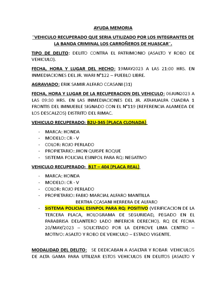 Ayuda Memoria Vehiculo | PDF