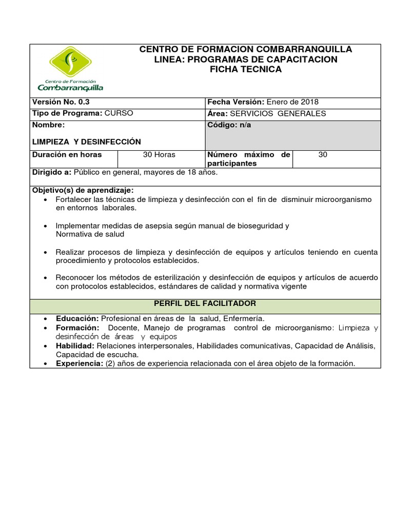 Ficha Tecnica LIMPIEZA Y DESINFECCION | PDF | Esterilización (Microbiología) | Aprendizaje