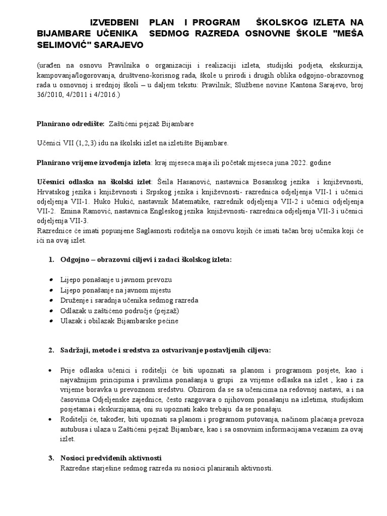 Izvedbeni Plan Za Izlet | PDF