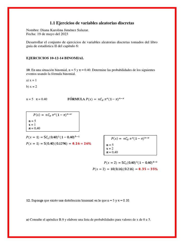 Ejercicios de Variables Aleatorias Discretas - Diana Jiménez | PDF