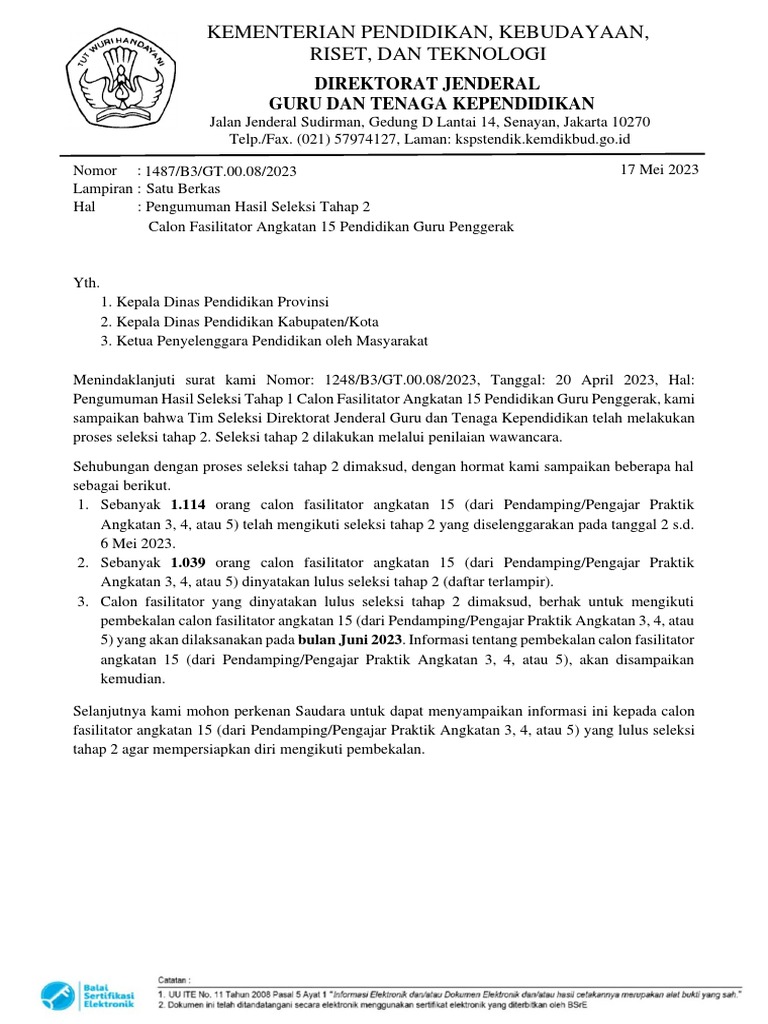 1487 - Pengumuman Hasil Seleksi T2 CF15 | PDF