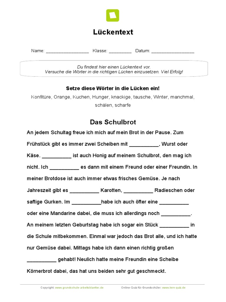 Lueckentext Das Schulbrot | PDF