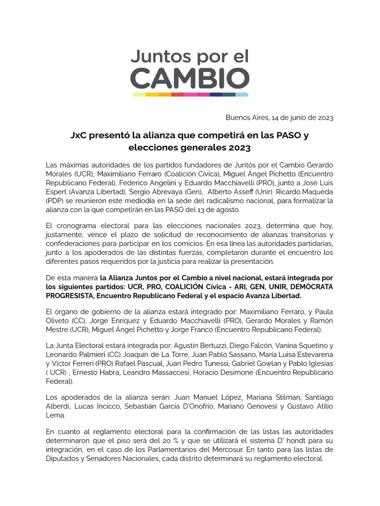 Comunicado JXC 14 - 06 - Presentación de Alianza 2023 | PDF