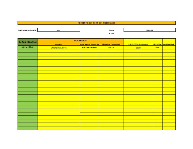 Formato de Altas de Numeros de Parte | PDF