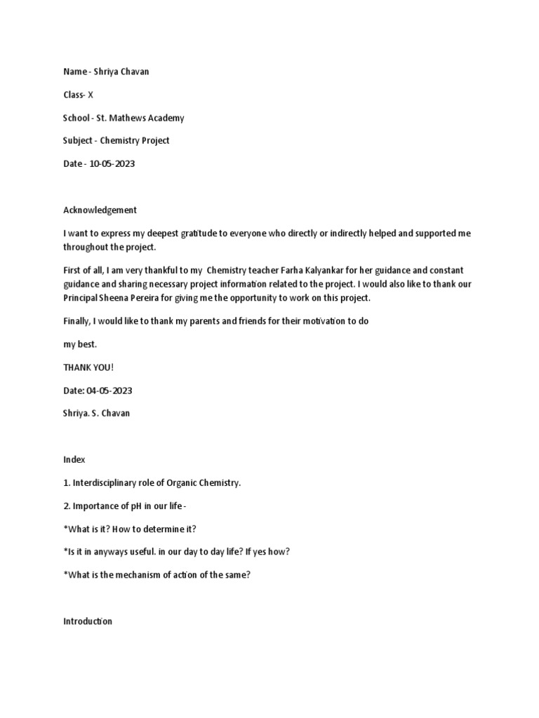 Class 10 Chemistry Project on pH | PDF | Ph | Acid