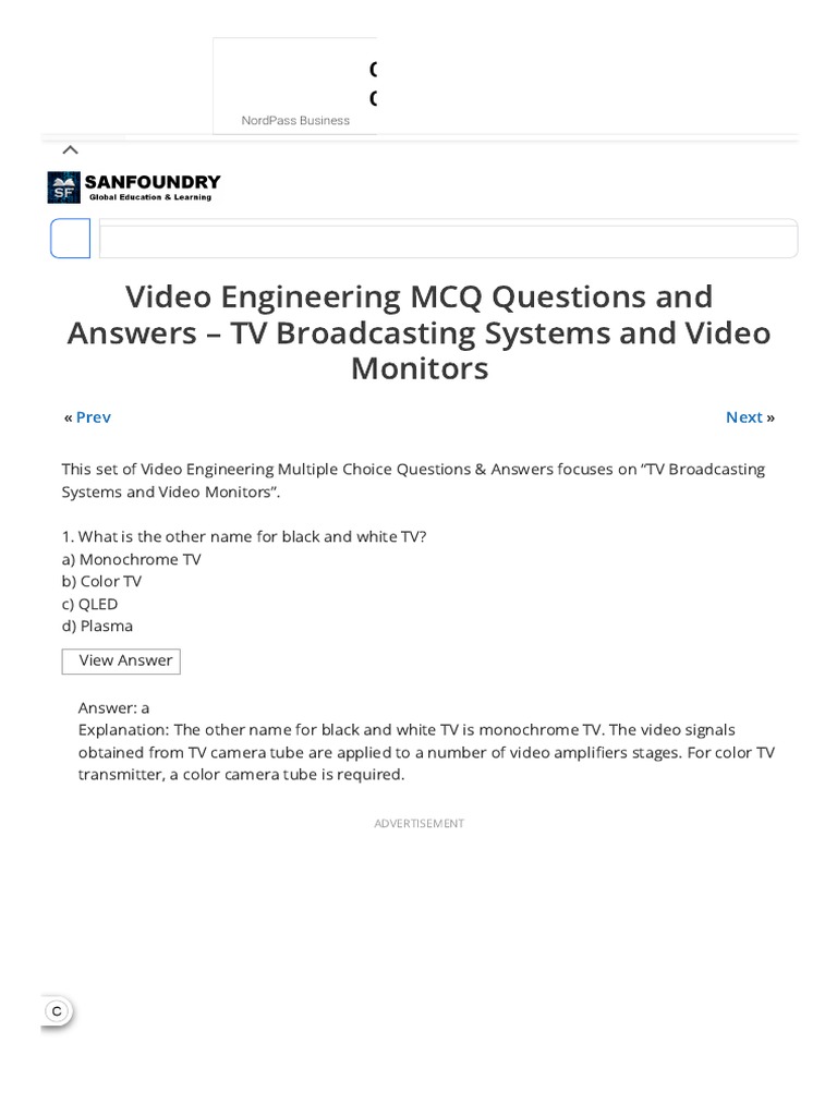 TV Broadcasting MCQ Questions and Answers - Sanfoundry | PDF