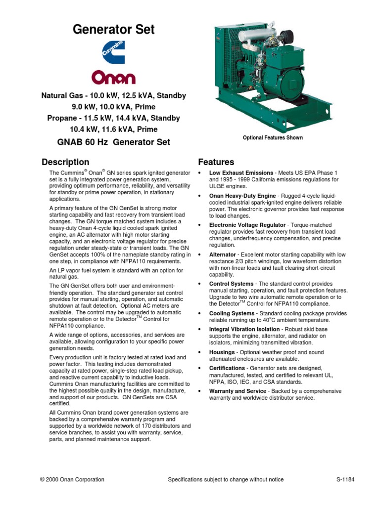 GNAB 60 HZ Generator Set Description Features | PDF