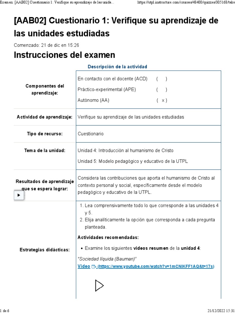 Examen (AAB02) Cuestionario 1 HumanismoVerifique Su Aprendizaje de Las Unidades Estudiadas | PDF