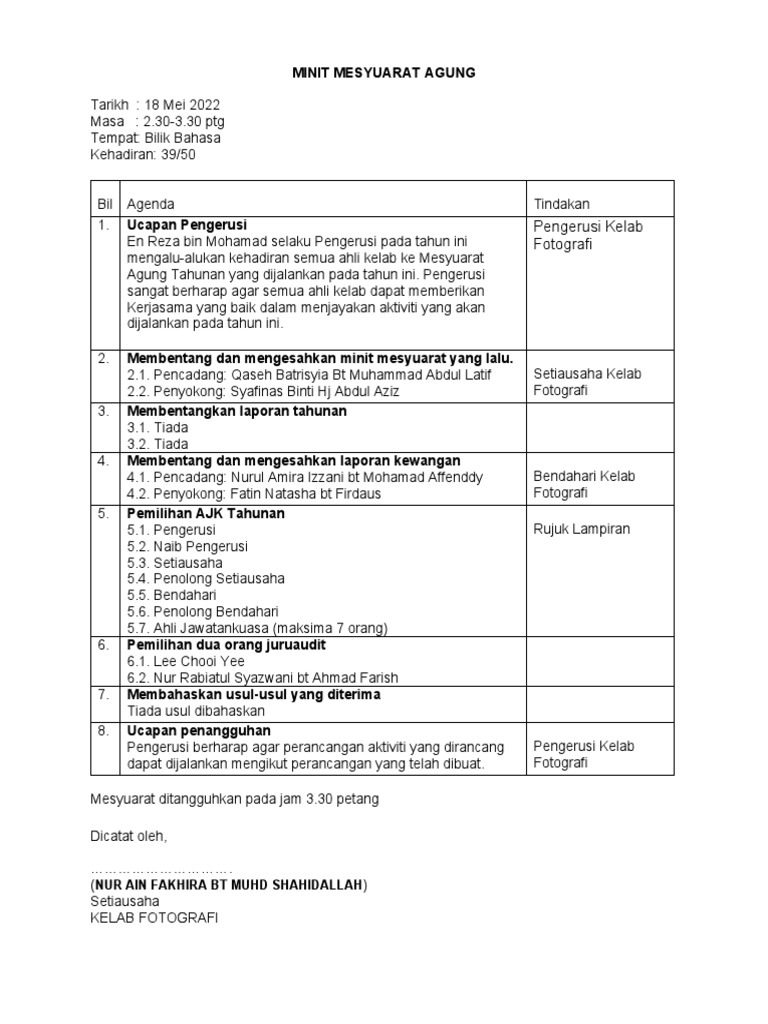 MINIT MESYUARAT AGUNG | PDF