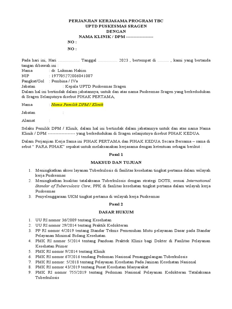 Contoh MOU Program TBC Puskesmas Sagen Dengan DPM KLinik | PDF