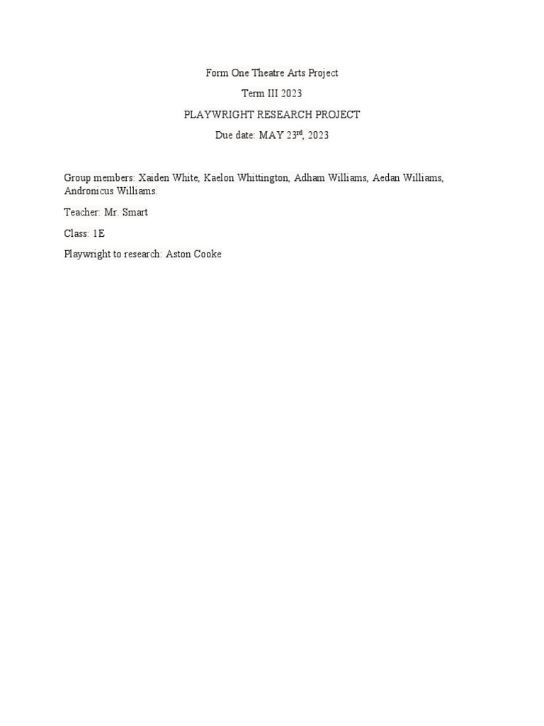 Aston Cooke Playwright Research Project | PDF