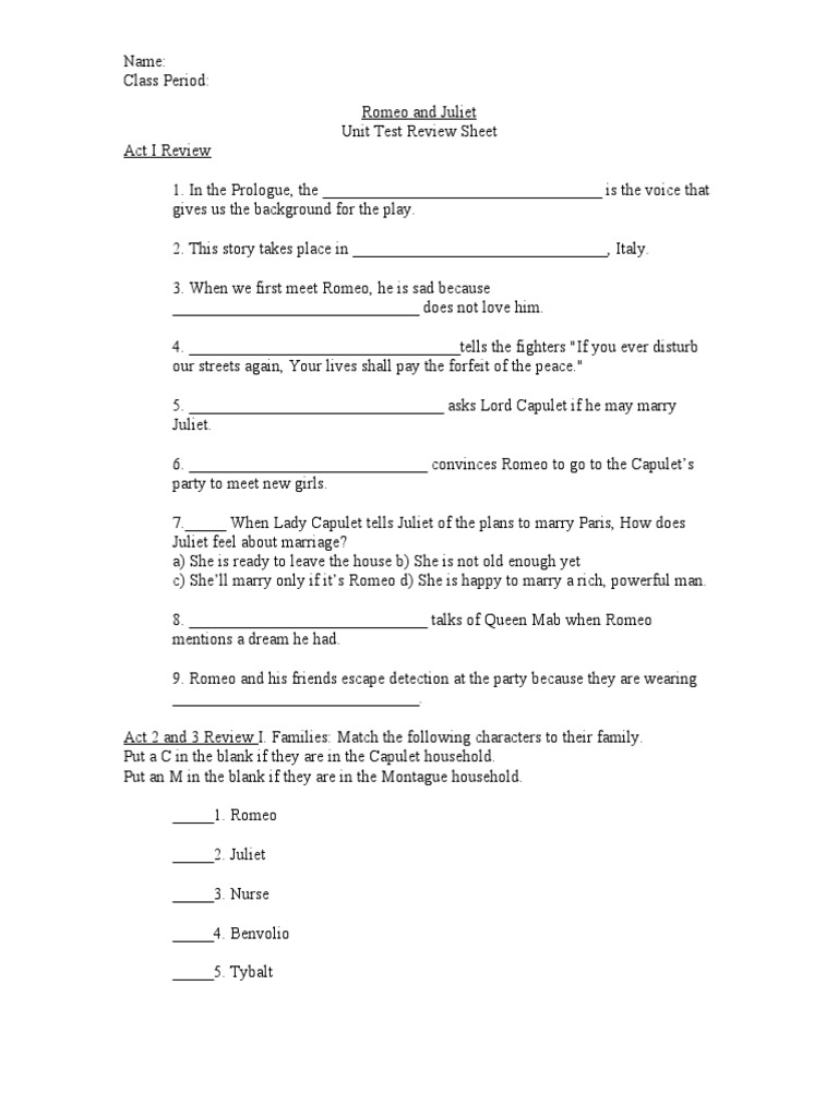 Romeo and Juliet Unit Test Review | PDF | Characters In Romeo And ...