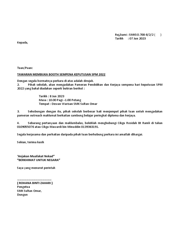 Surat Tawaran Membuka Booth Sempena Keputusan Spm Smkso | PDF