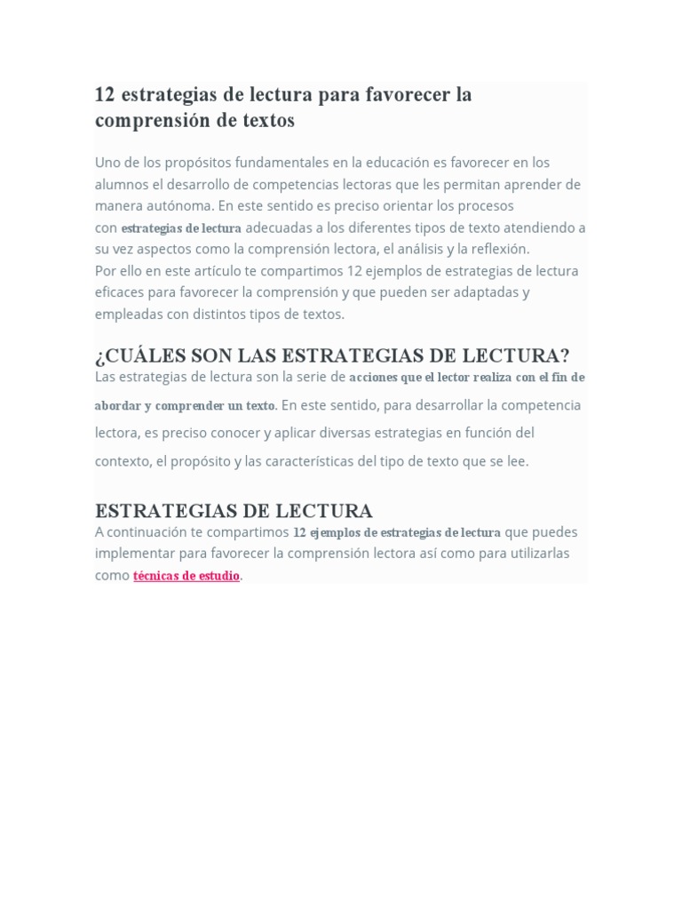 12 Estrategias de Lectura para Favorecer La Comprensión de Textos | PDF ...