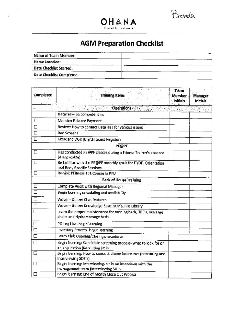 Planet Fitness AGM Preparation Checklist | PDF