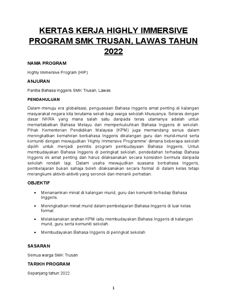 Kertas Kerja Highly Immersive Program SMK Trusan | PDF
