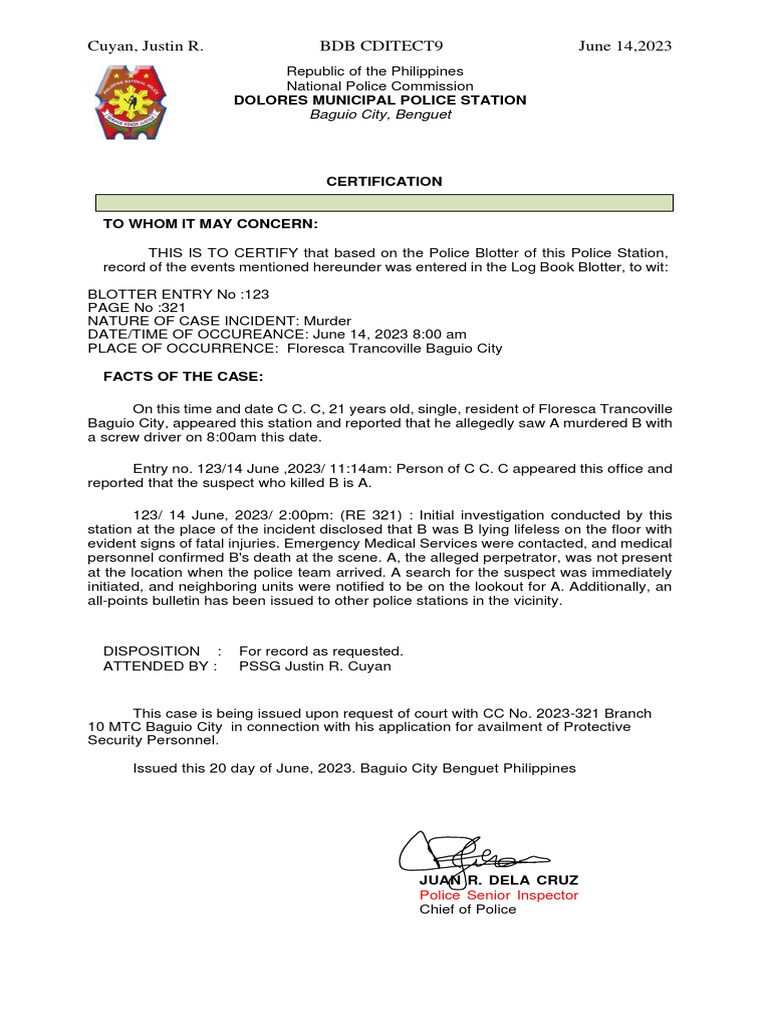 Certification of Police Blotter Assignment | PDF