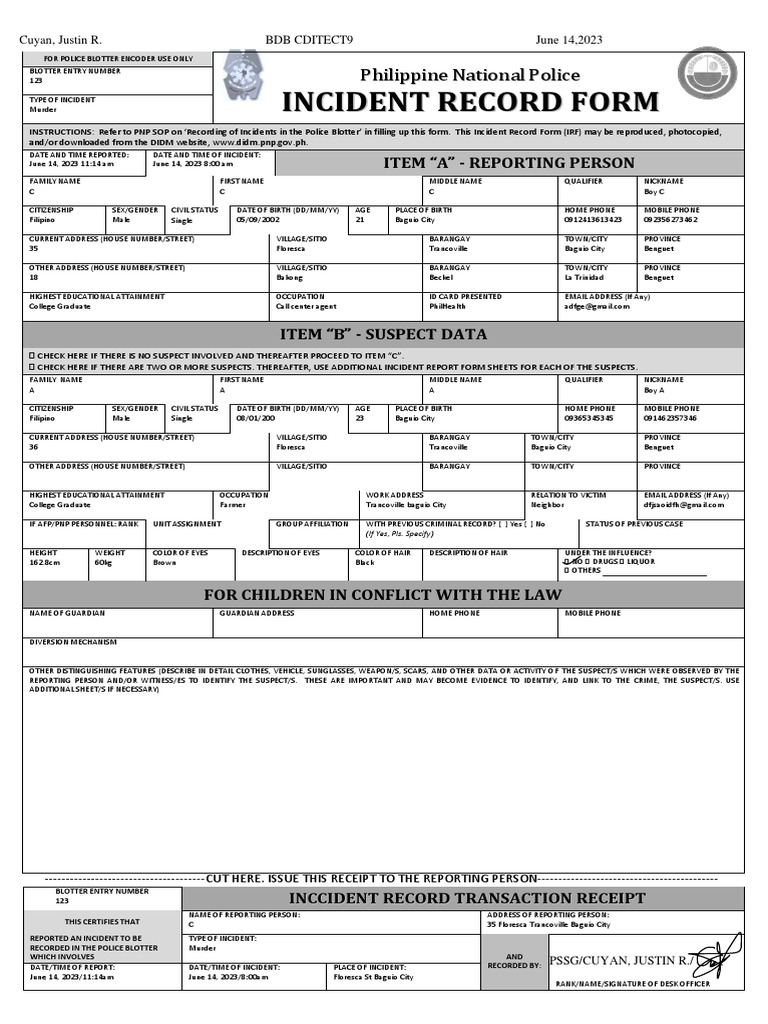 Incident Record Form ASSIGNMENT | PDF | Crime Scene | Forensic Science