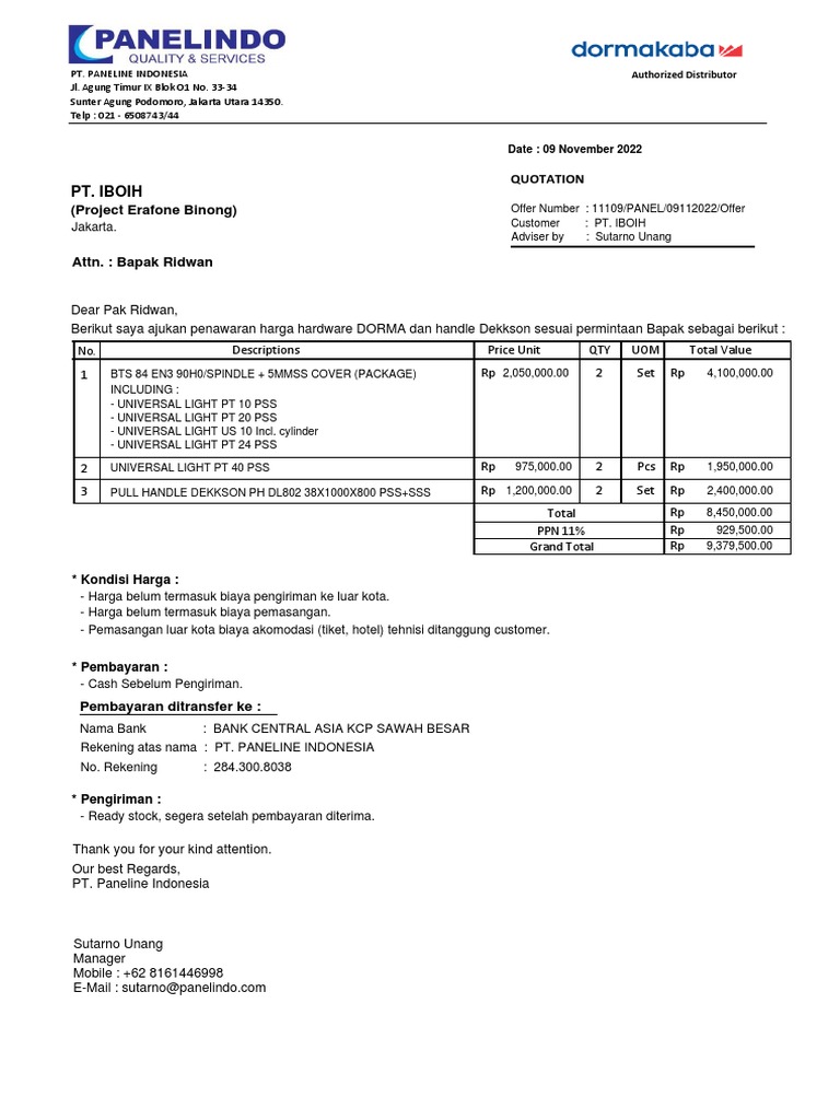 BTS 84 + Patch Fitting Ul PSS + Ul PT 40 PSS + Handle Dekkson - PT Iboih - Offer | PDF