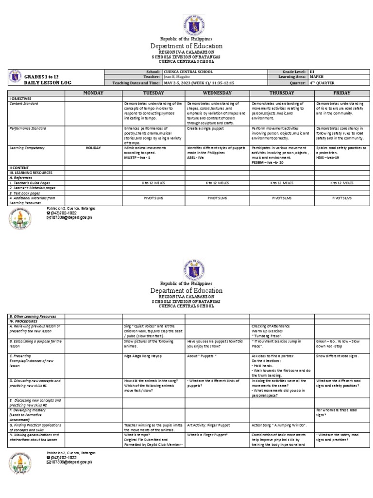 DLL Mapeh-3 Q4 W1 | PDF