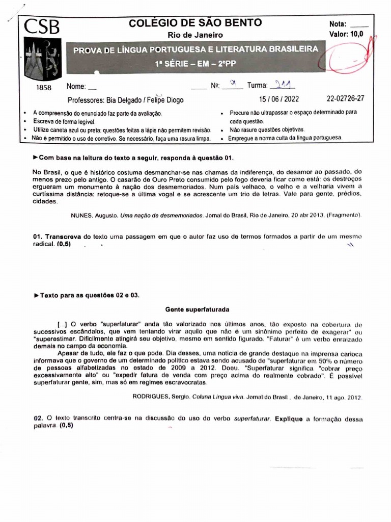 Prova de Port - 1º 2pp | PDF