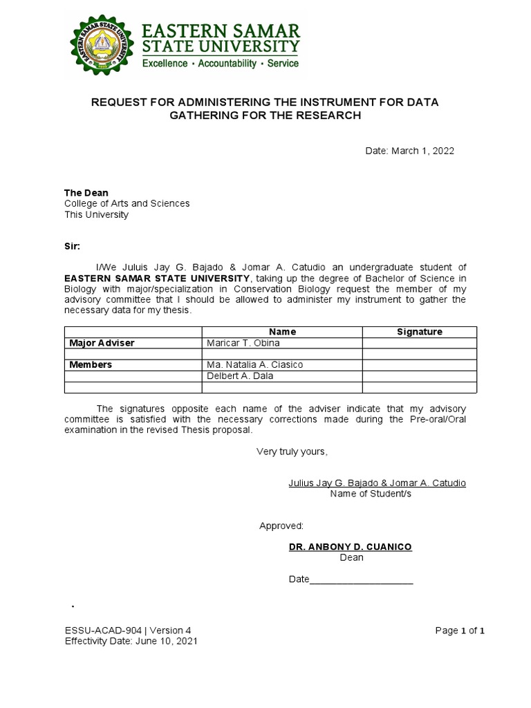 Request For Administering The Instrument For Data Gathering For The ...