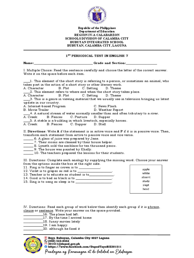 Exam - English 7 | PDF | Linguistics | Grammar