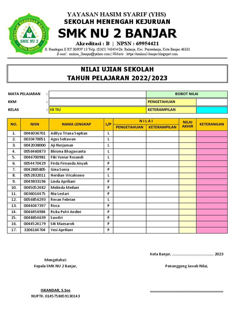 Format Nilai US 2023 - SMK NU 2 Banjar | PDF