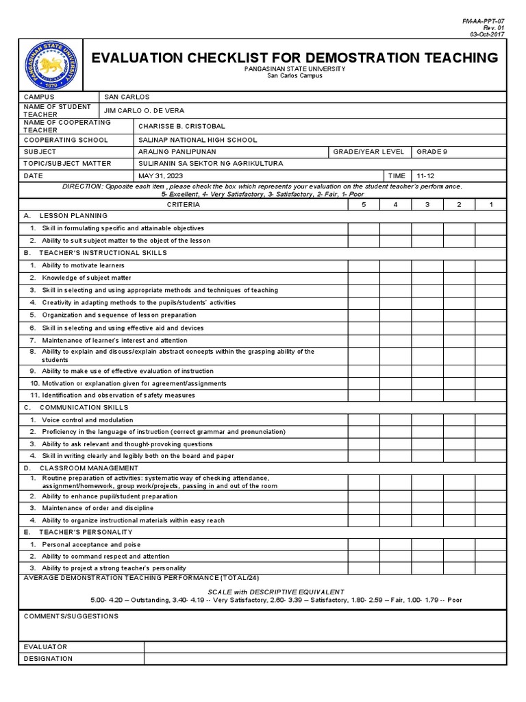Demo Teaching Evaluation Checklist | PDF