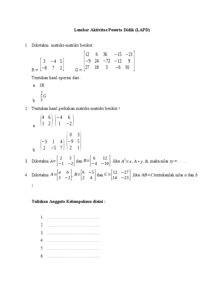Lembar Aktivitas Peserta Didik Matriks | PDF
